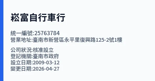 崧富自行車行的照片-統編 25763784(臺南市) 公司登記資料與營業項目詳細圖表