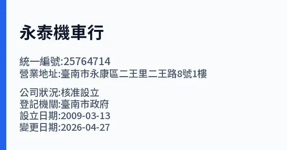 永泰機車行的照片-統編 25764714(臺南市) 公司登記資料與營業項目詳細圖表