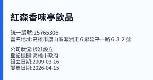 紅森香味亭飲品的照片-統編 25765306(高雄市) 公司登記資料與營業項目詳細圖表