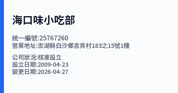 海口味小吃部的照片-統編 25767260(澎湖縣) 公司登記資料與營業項目詳細圖表