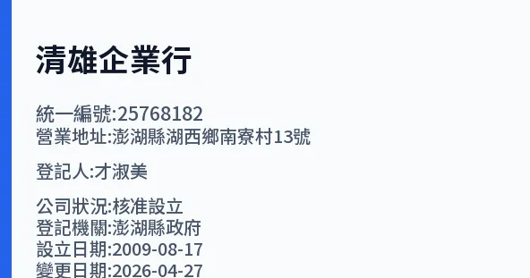 清雄企業行的照片-統編 25768182(澎湖縣) 公司登記資料與營業項目詳細圖表