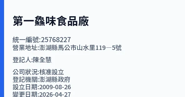 第一鱻味食品廠的照片-統編 25768227(澎湖縣) 公司登記資料與營業項目詳細圖表