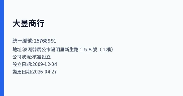 大昱商行的照片-統編 25768991(澎湖縣) 公司登記資料與營業項目詳細圖表