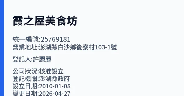 霞之屋美食坊的照片-統編 25769181(澎湖縣) 公司登記資料與營業項目詳細圖表
