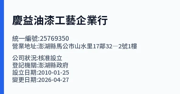 慶益油漆工藝企業行的照片-統編 25769350(澎湖縣) 公司登記資料與營業項目詳細圖表