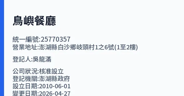 鳥嶼餐廳的照片-統編 25770357(澎湖縣) 公司登記資料與營業項目詳細圖表