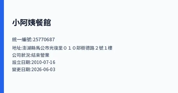 小阿姨餐館的照片-統編 25770687(澎湖縣) 公司登記資料與營業項目詳細圖表