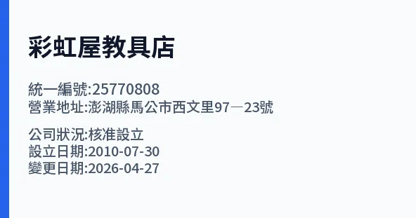 彩虹屋教具店的照片-統編 25770808(澎湖縣) 公司登記資料與營業項目詳細圖表