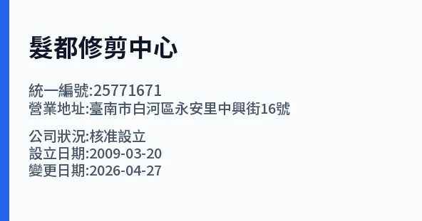 髮都修剪中心的照片-統編 25771671(臺南市) 公司登記資料與營業項目詳細圖表