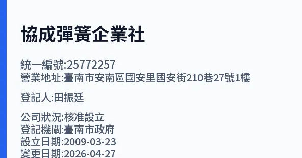 協成彈簧企業社的照片-統編 25772257(臺南市) 公司登記資料與營業項目詳細圖表