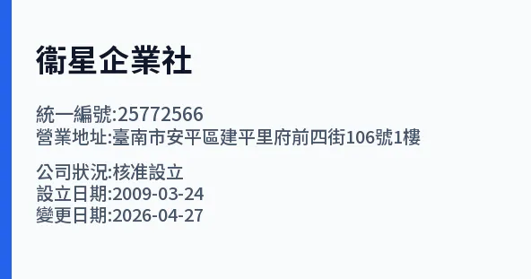 衞星企業社的照片-統編 25772566(臺南市) 公司登記資料與營業項目詳細圖表