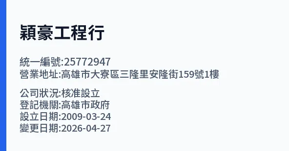 穎豪工程行的照片-統編 25772947(高雄市) 公司登記資料與營業項目詳細圖表