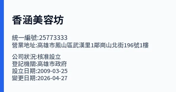香涵美容坊的照片-統編 25773333(高雄市) 公司登記資料與營業項目詳細圖表