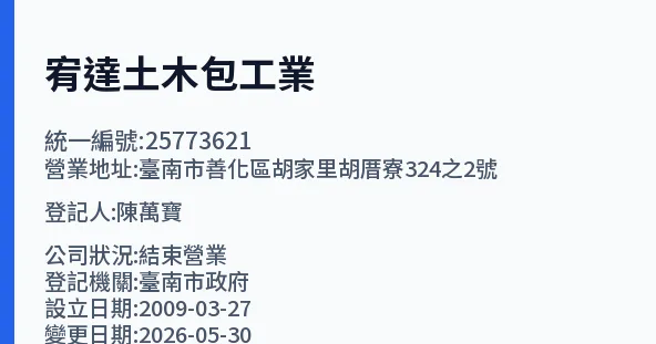 宥達土木包工業的照片-統編 25773621(臺南市) 公司登記資料與營業項目詳細圖表