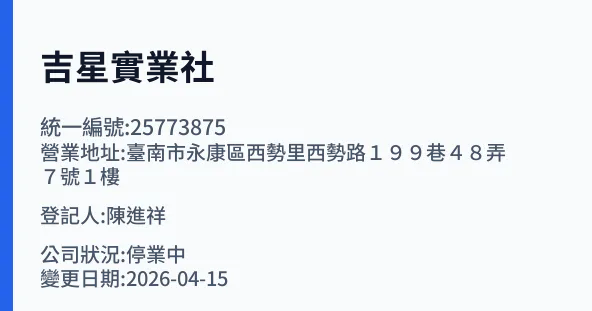 吉星實業社的照片-統編 25773875(臺南市) 公司登記資料與營業項目詳細圖表