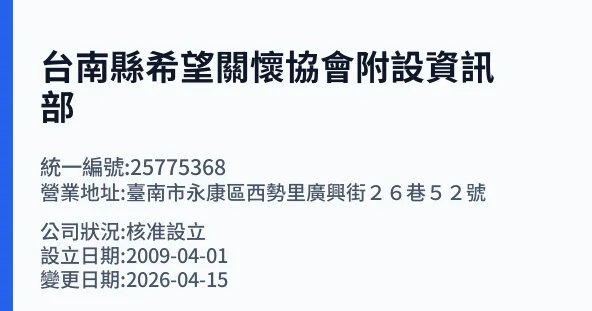 台南縣希望關懷協會附設資訊部的照片-統編 25775368(臺南市) 公司登記資料與營業項目詳細圖表