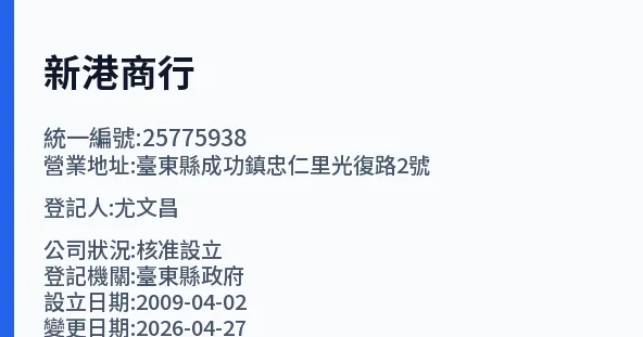新港商行的照片-統編 25775938(臺東縣) 公司登記資料與營業項目詳細圖表