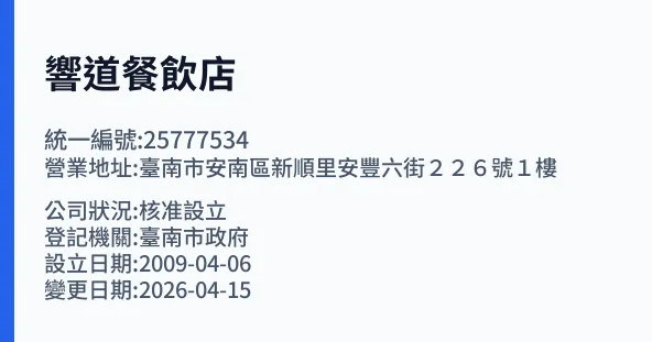 響道餐飲店的照片-統編 25777534(臺南市) 公司登記資料與營業項目詳細圖表