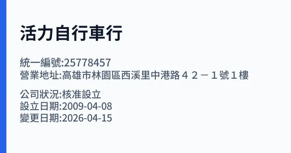 活力自行車行的照片-統編 25778457(高雄市) 公司登記資料與營業項目詳細圖表