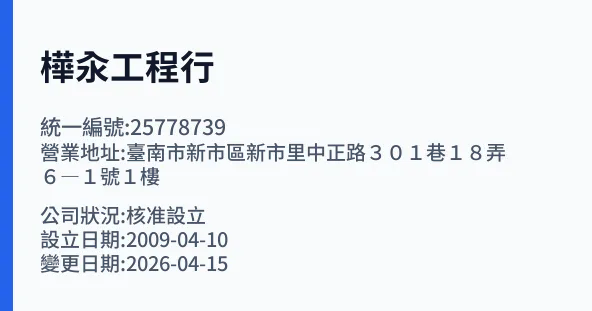 樺汆工程行的照片-統編 25778739(臺南市) 公司登記資料與營業項目詳細圖表