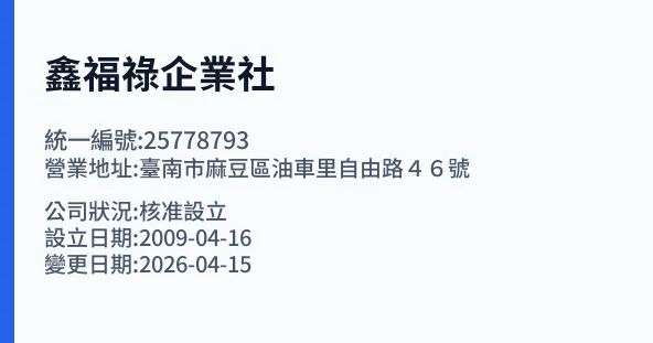 鑫福祿企業社的照片-統編 25778793(臺南市) 公司登記資料與營業項目詳細圖表