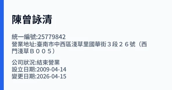 陳曾詠清的照片-統編 25779842(臺南市) 公司登記資料與營業項目詳細圖表