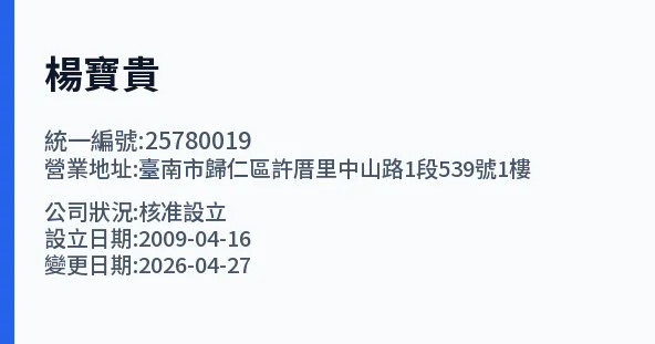 楊寶貴的照片-統編 25780019(臺南市) 公司登記資料與營業項目詳細圖表