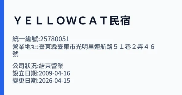 ＹＥＬＬＯＷＣＡＴ民宿的照片-統編 25780051(臺東縣) 公司登記資料與營業項目詳細圖表