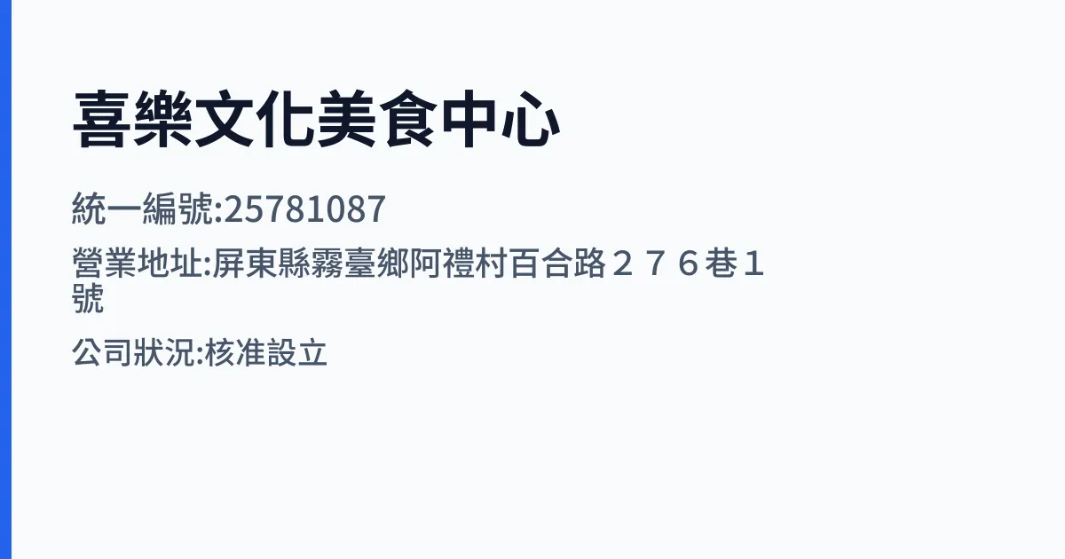 喜樂文化美食中心 - 統編 25781087(屏東縣) 公司登記資料與營業項目詳細圖表