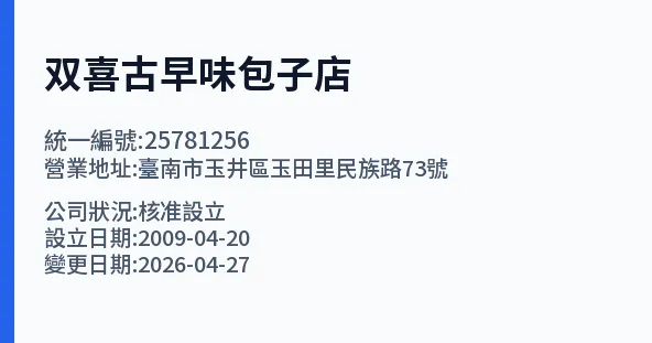 双喜古早味包子店的照片-統編 25781256(臺南市) 公司登記資料與營業項目詳細圖表