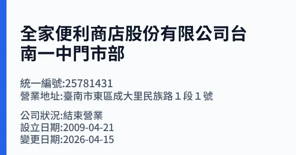 全家便利商店股份有限公司台南一中門市部的照片-統編 25781431(臺南市) 公司登記資料與營業項目詳細圖表