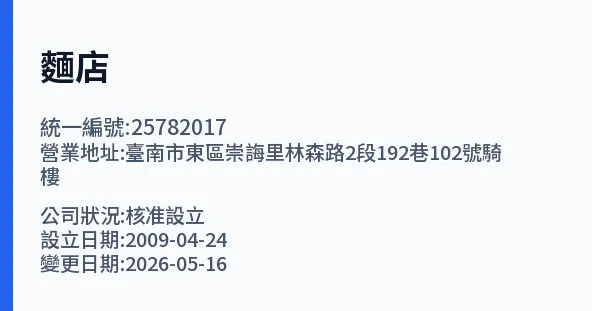 麵店的照片-統編 25782017(臺南市) 公司登記資料與營業項目詳細圖表