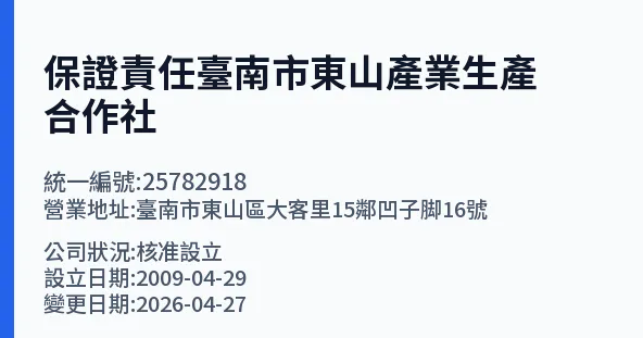 保證責任臺南市東山產業生產合作社的照片-統編 25782918(臺南市) 公司登記資料與營業項目詳細圖表