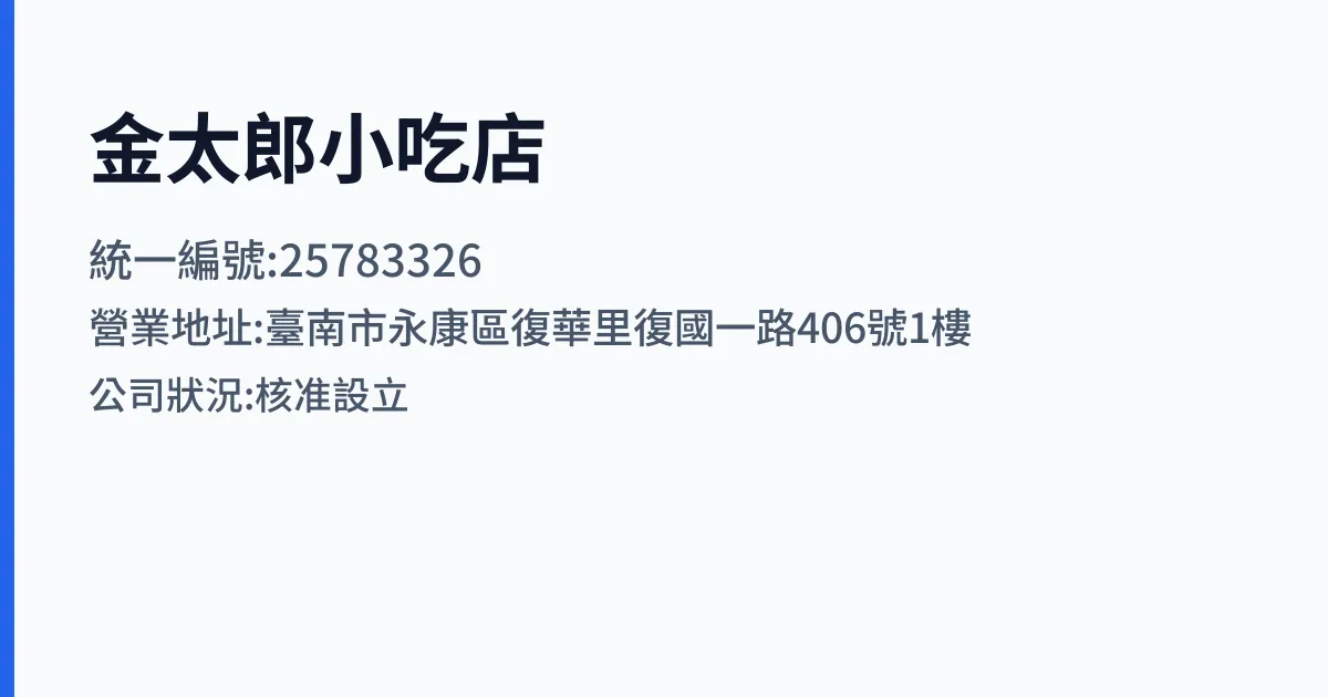 金太郎小吃店 - 統編 25783326(臺南市) 公司登記資料與營業項目詳細圖表
