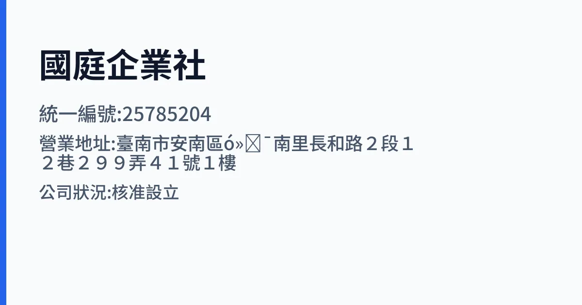 國庭企業社 - 統編 25785204(臺南市) 公司登記資料與營業項目詳細圖表