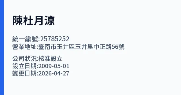 陳杜月涼的照片-統編 25785252(臺南市) 公司登記資料與營業項目詳細圖表