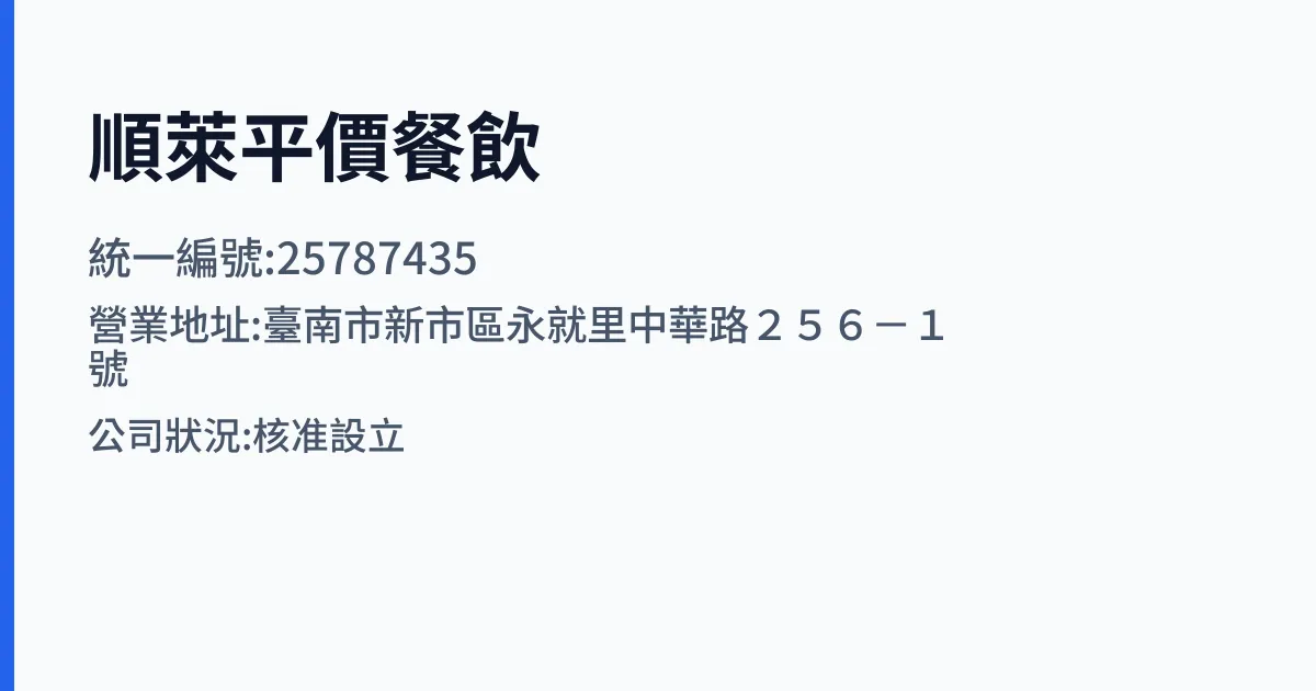 順萊平價餐飲 - 統編 25787435(臺南市) 公司登記資料與營業項目詳細圖表
