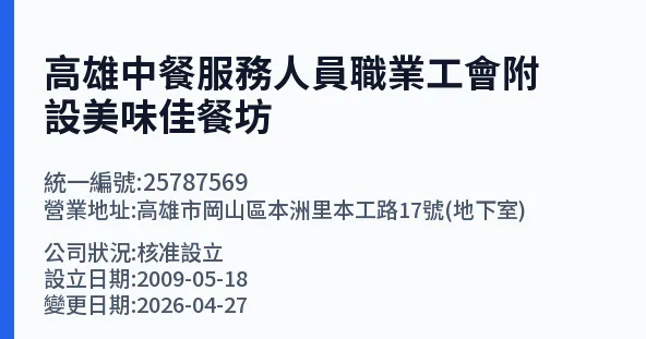 高雄中餐服務人員職業工會附設美味佳餐坊的照片-統編 25787569(高雄市) 公司登記資料與營業項目詳細圖表
