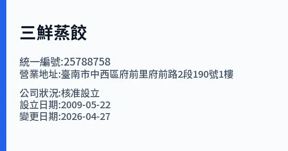 三鮮蒸餃的照片-統編 25788758(臺南市) 公司登記資料與營業項目詳細圖表