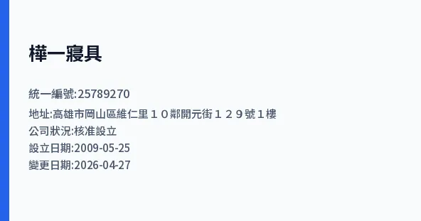 樺一寢具的照片-統編 25789270(高雄市) 公司登記資料與營業項目詳細圖表