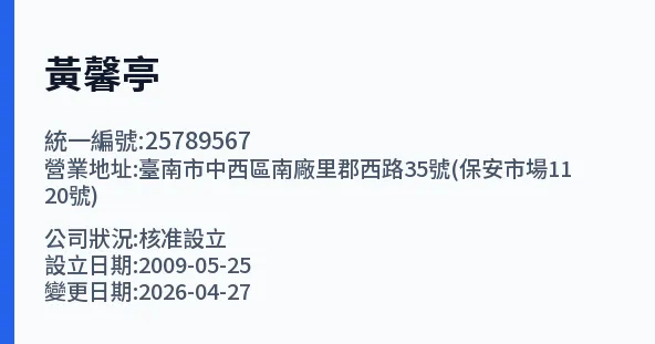 黃馨亭的照片-統編 25789567(臺南市) 公司登記資料與營業項目詳細圖表