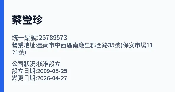 蔡瑩珍的照片-統編 25789573(臺南市) 公司登記資料與營業項目詳細圖表