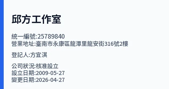 邱方工作室的照片-統編 25789840(臺南市) 公司登記資料與營業項目詳細圖表