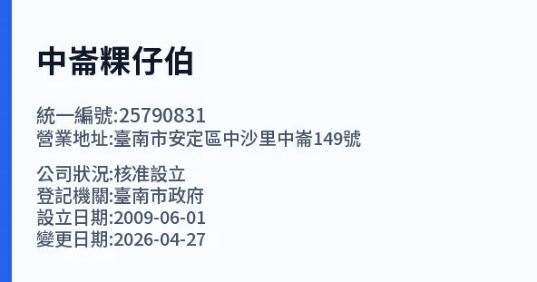 中崙粿仔伯的照片-統編 25790831(臺南市) 公司登記資料與營業項目詳細圖表