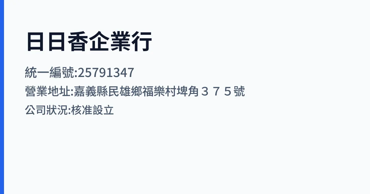 日日香企業行 - 統編 25791347(嘉義縣) 公司登記資料與營業項目詳細圖表