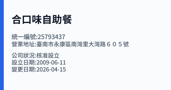 合口味自助餐的照片-統編 25793437(臺南市) 公司登記資料與營業項目詳細圖表