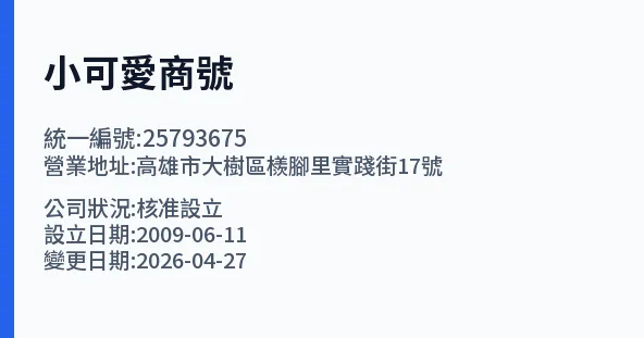 小可愛商號的照片-統編 25793675(高雄市) 公司登記資料與營業項目詳細圖表