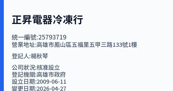 正昇電器冷凍行的照片-統編 25793719(高雄市) 公司登記資料與營業項目詳細圖表