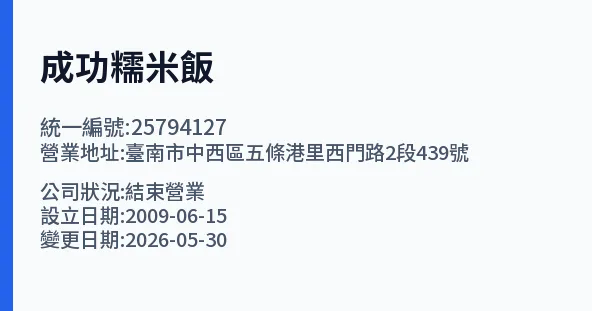 成功糯米飯的照片-統編 25794127(臺南市) 公司登記資料與營業項目詳細圖表