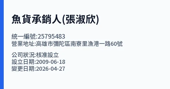 魚貨承銷人(張淑欣)的照片-統編 25795483(高雄市) 公司登記資料與營業項目詳細圖表